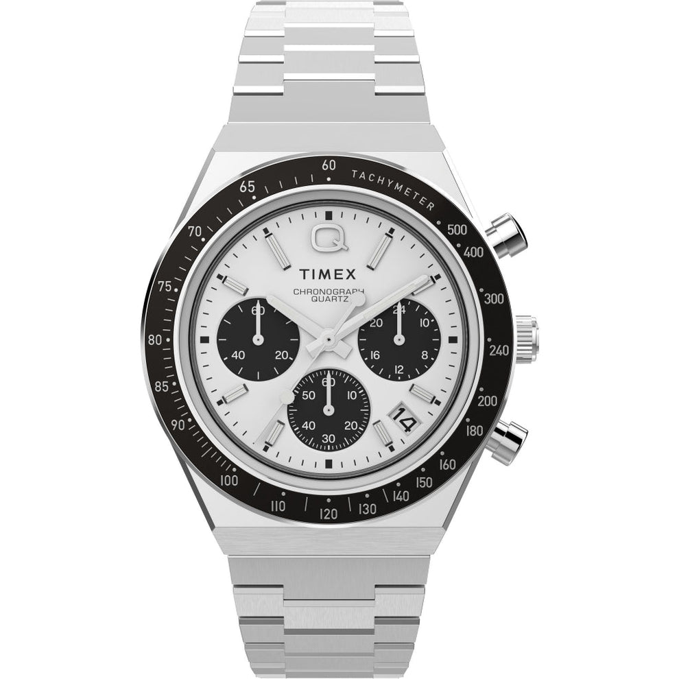 Q Timex Panda White Chronograph Stainless Steel Bracelet Men's Watch ...